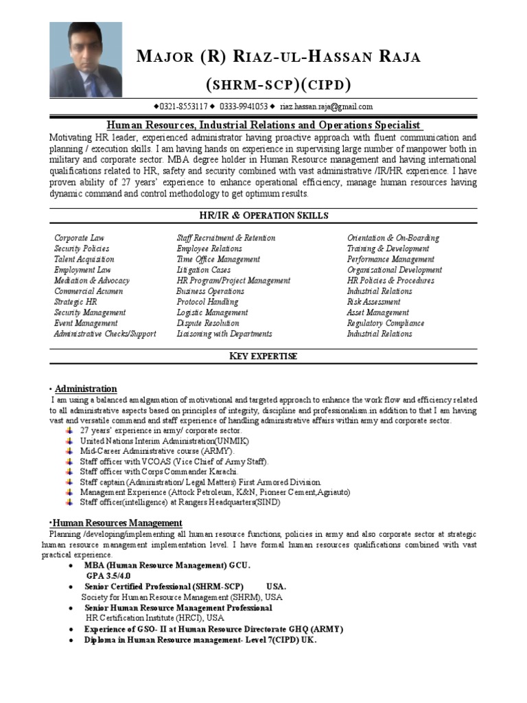 Major (Retd) Riaz Ul Hassan Raja CV (Admin - Security - IR) | PDF ...