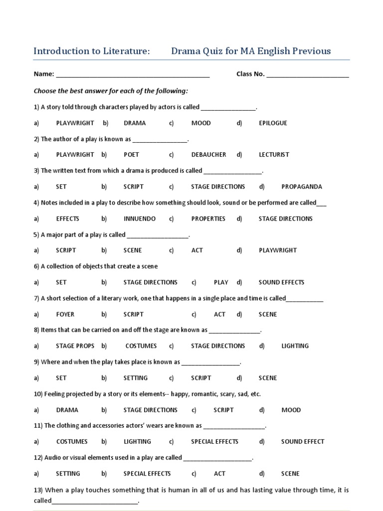 Drama Quiz for MA English Students | PDF | Play (Theatre) | Tragedy