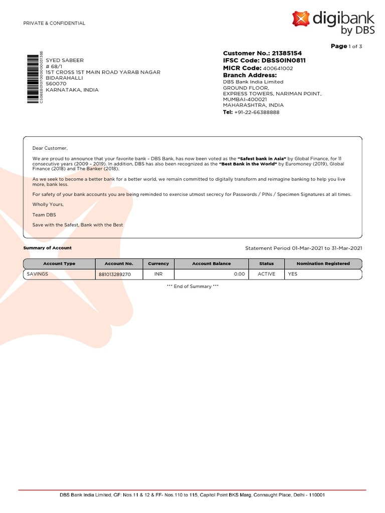 Customer No.: 21385154 IFSC Code: DBSS0IN0811 MICR Code: Branch Address ...