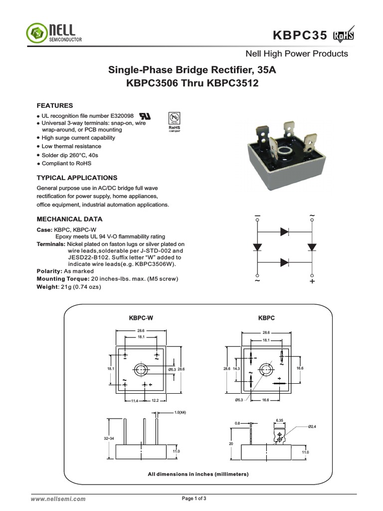 KBPC35: Single-Phase Bridge Rectifier, 35A KBPC3506 Thru KBPC3512 | PDF ...