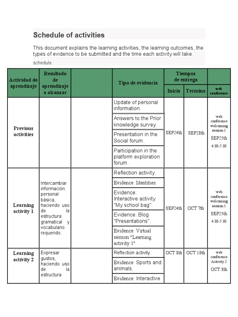Schedule of Activities | PDF | World Wide Web | Internet & Web