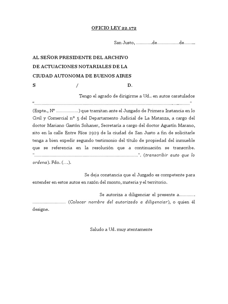 Segundo Modelo Oficio Archivo de Actuaciones Notariales Ciudad Autonoma ... Segundo Modelo Oficio Archivo de Actuaciones Notariales Ciudad Autonoma ...
