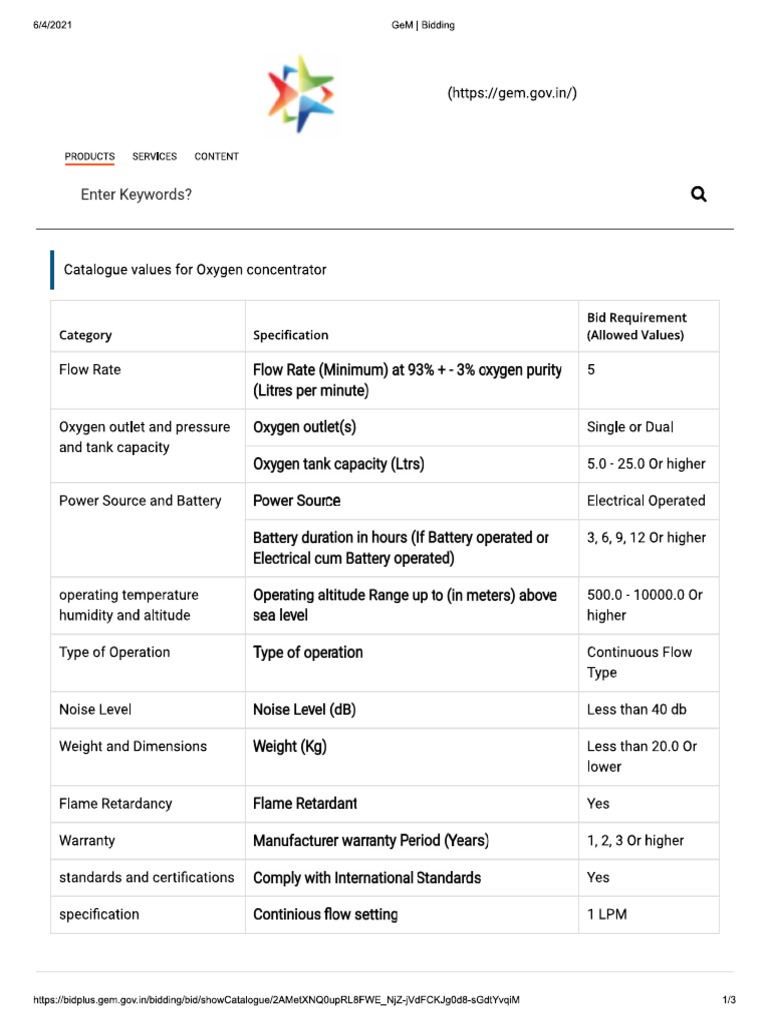 Oxygen Concentrator Specification | PDF