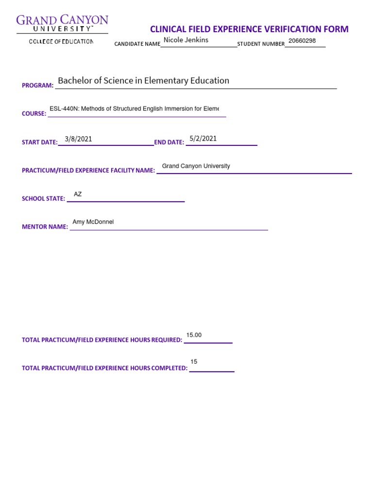 Clinical Field Experience Verification Form - FPC Nicole Jenkins Week 8 ...