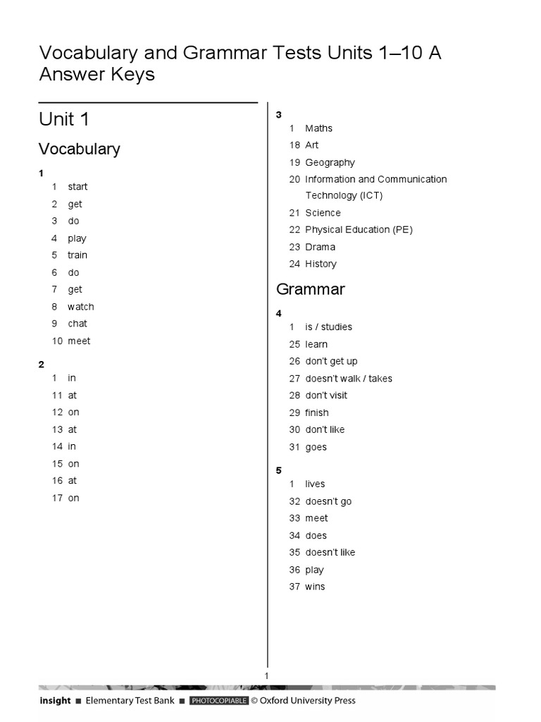 Vocabulary Grammar Units 1 10 A Answer Keys | PDF