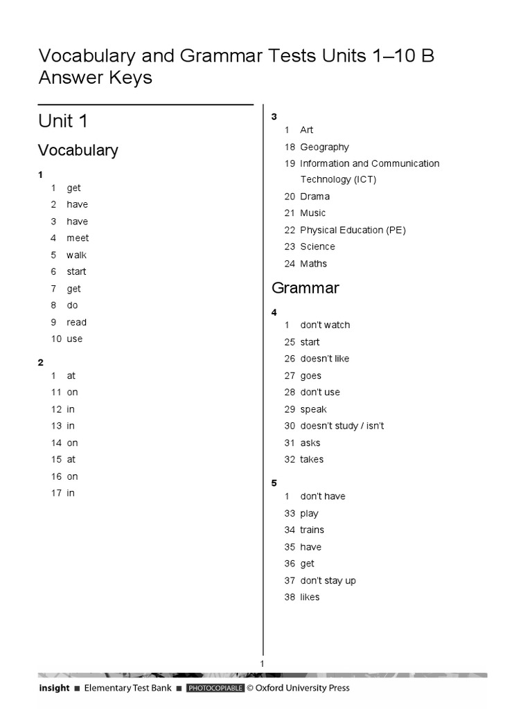 Vocabulary and Grammar Tests Units 1–10 B Answer Keys | PDF