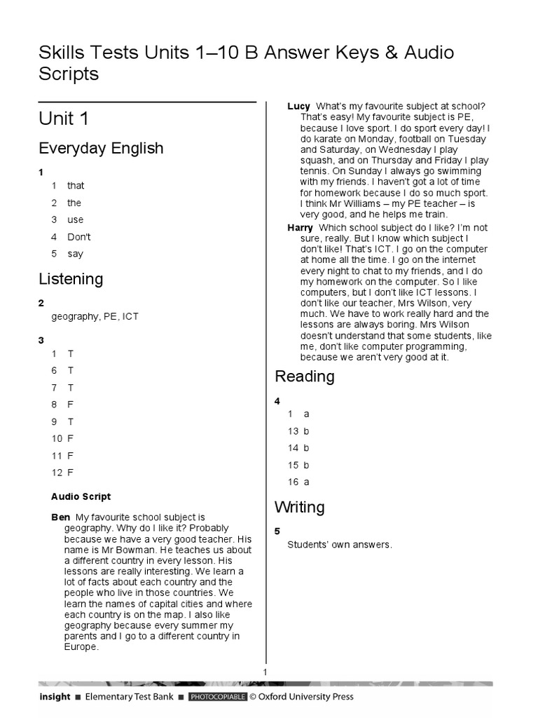 Skills Units 1 10 B Answer Keys Audio Scripts | PDF | Clothing | Bathroom
