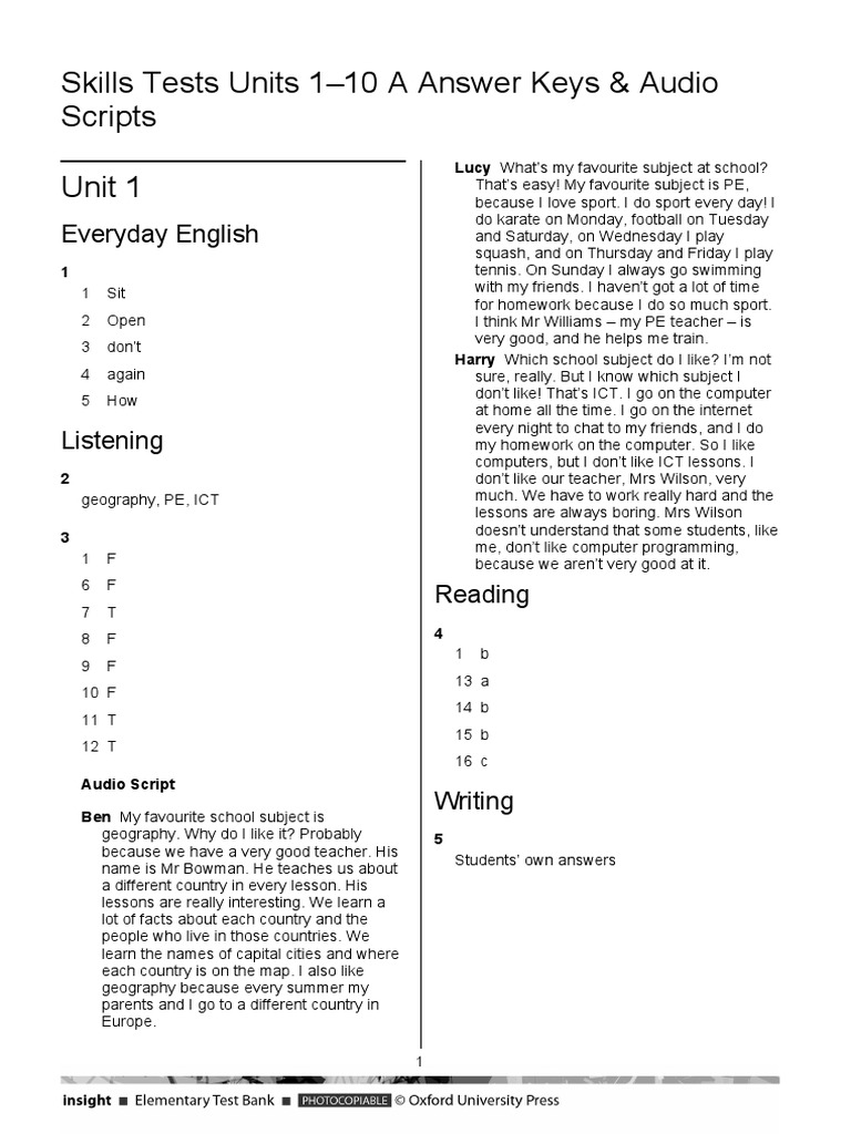 Skills Units 1 10 A Answer Keys Audio Scripts | PDF | Clothing | Bathroom