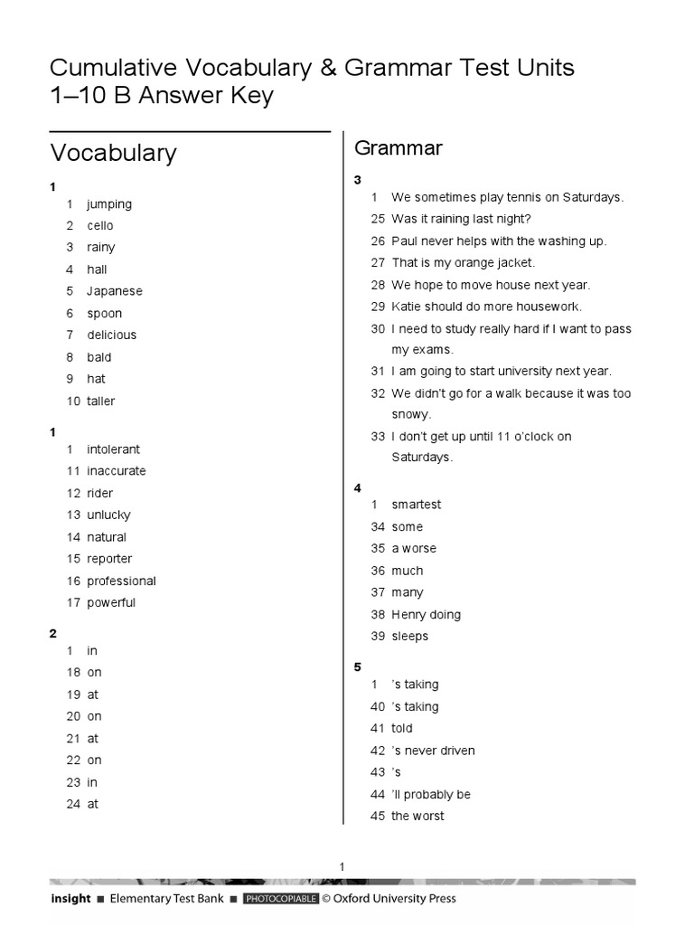Cumulative Vocabulary Grammar Units 1 10 B Answer Key | PDF