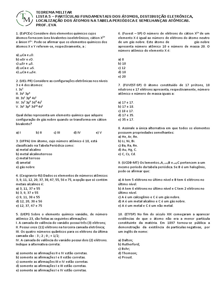 Lista 05 - Caracteristicas Do Átomo | PDF | Tabela periódica | Nêutron