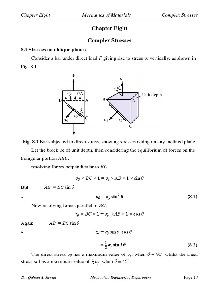 CH-8 Complex Stresses | PDF | Stress (Mechanics) | Strength Of Materials