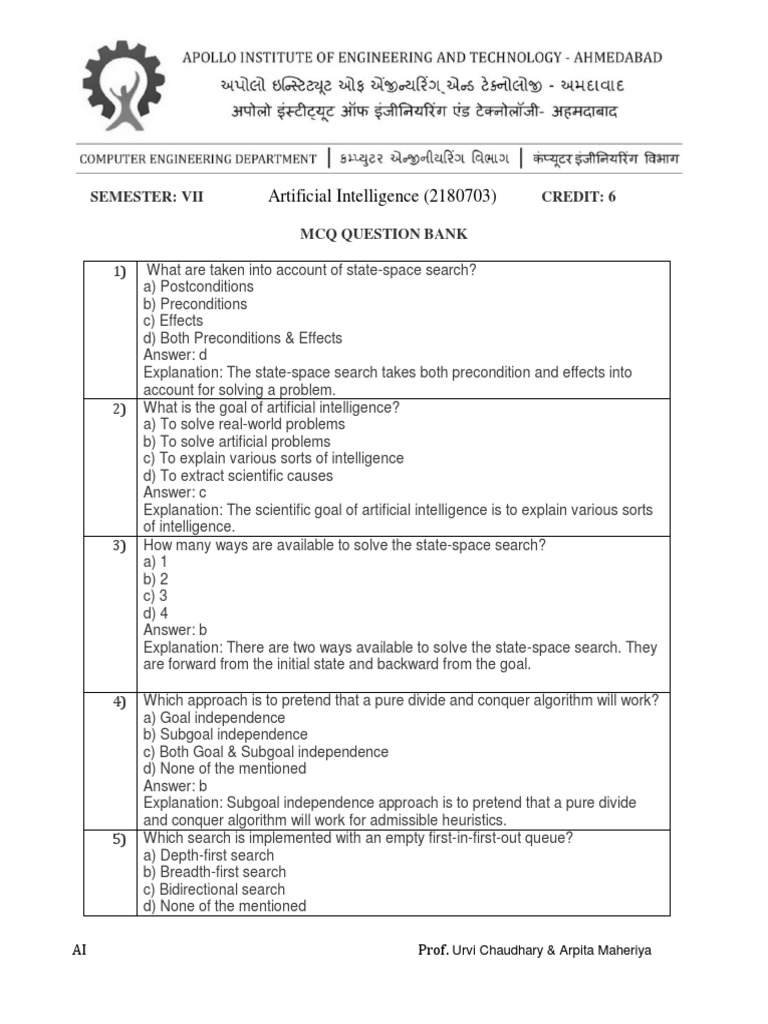Artificial Intelligence (2180703) : Semester: Vii Credit: 6 MCQ ...