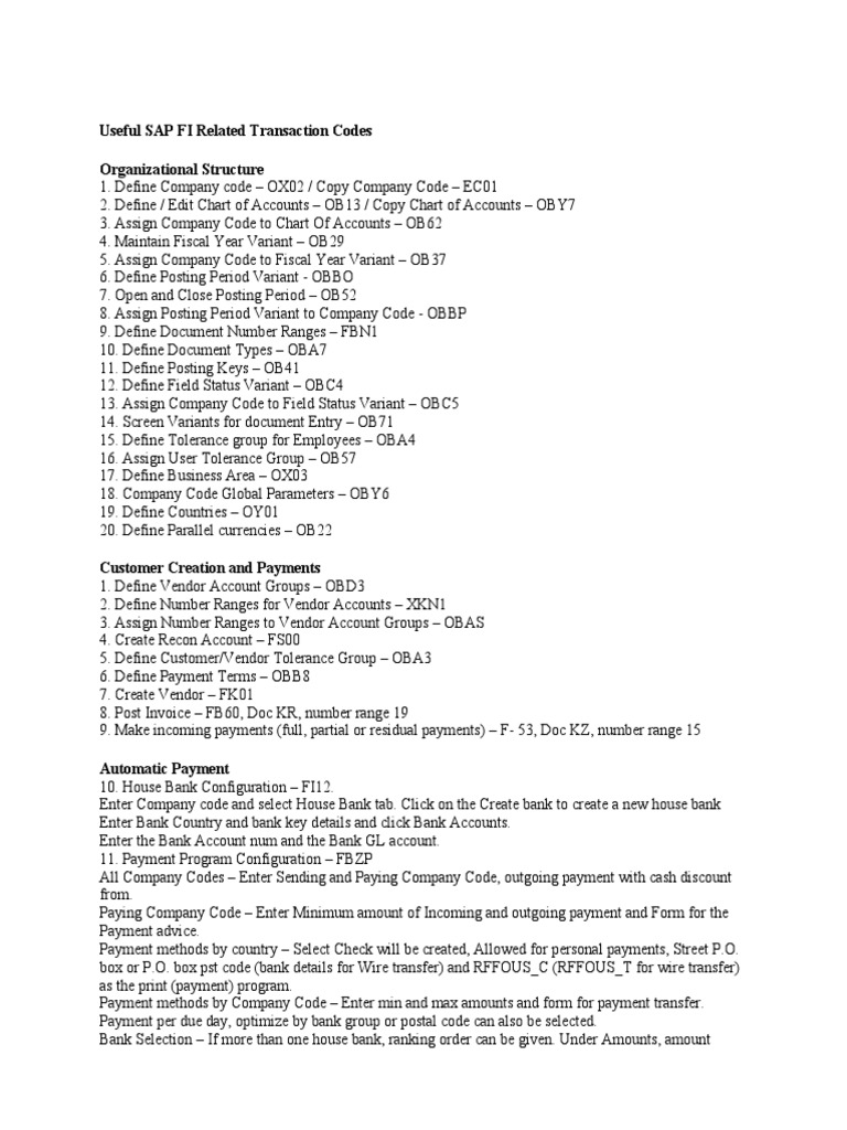 Useful SAP FI Related Transaction Codes Organizational Structure | PDF ...