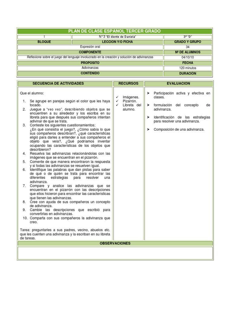 Plan de Clase Español Tercer Grado | PDF | Cognición | Ciencia cognitiva