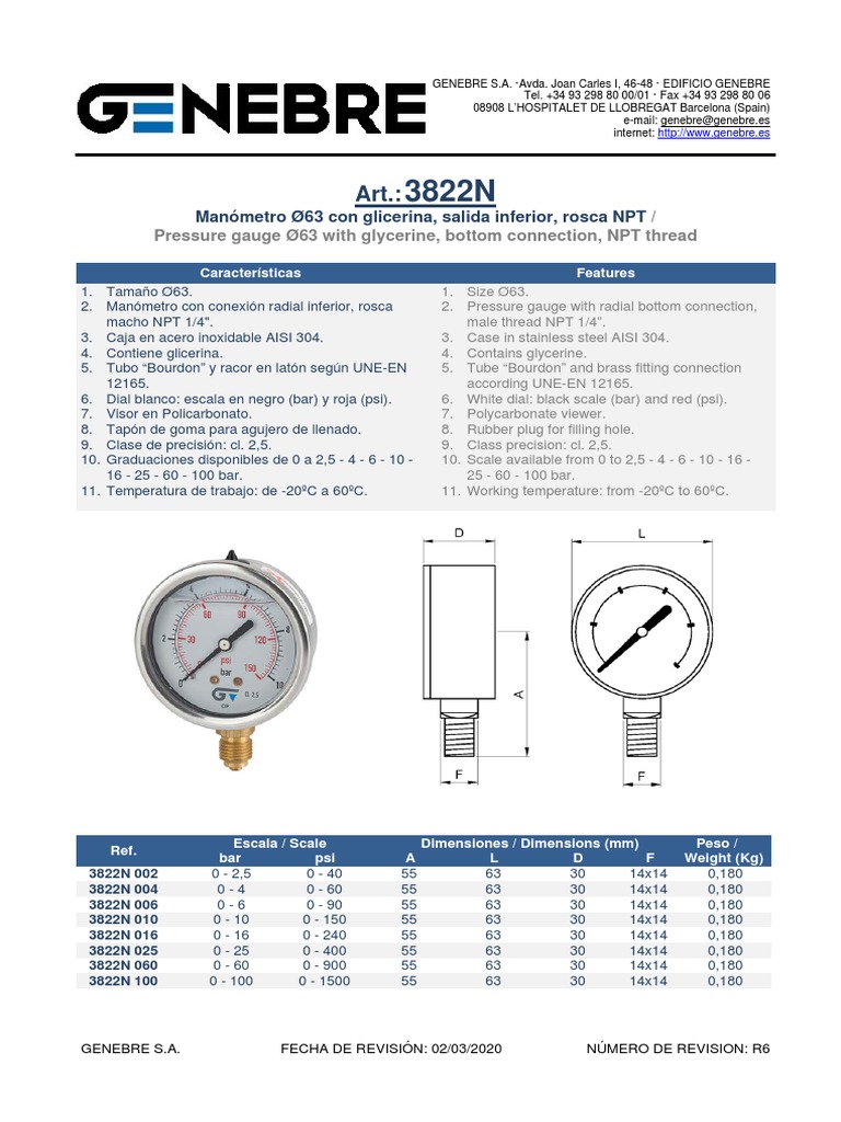Ficha Tecnica Manometro Genebre | PDF | Materiales