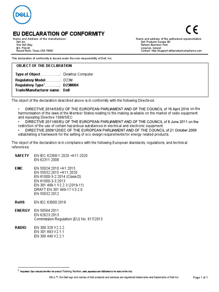 Dell D23M EU Declaration of Conformity | PDF | Electromagnetic ...