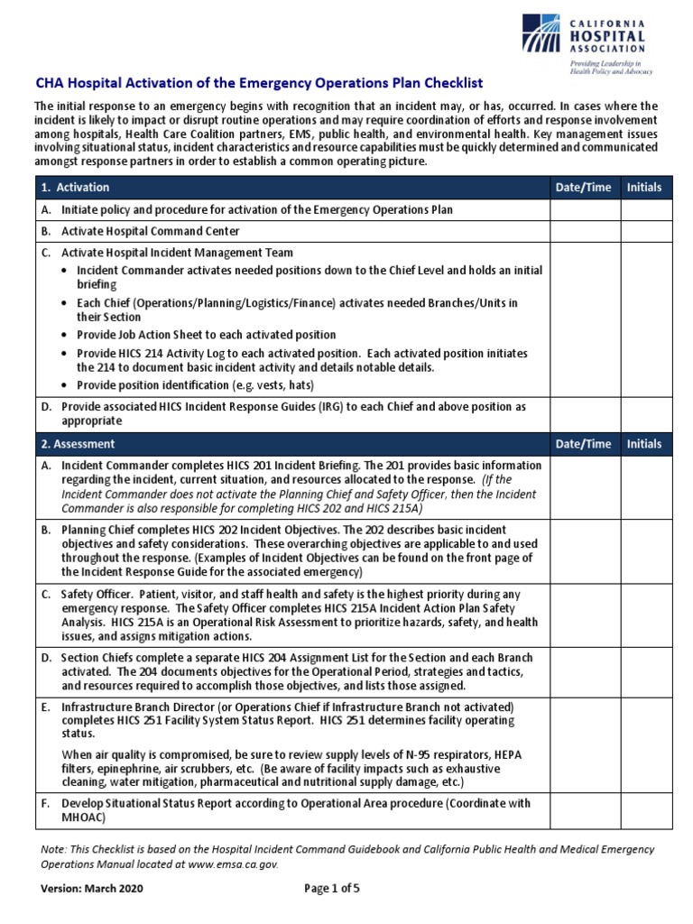 CHA Hospital Activation of The Emergency Operations Plan Checklist ...