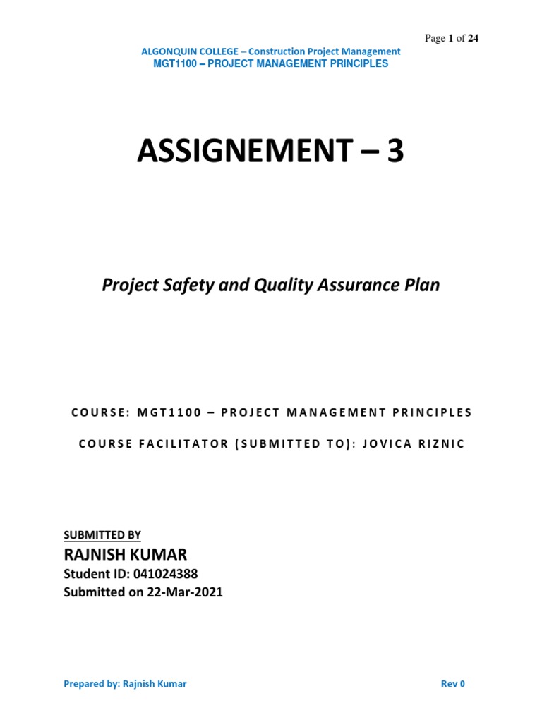 Assignment Project Safety and Quality Assurance Plan | PDF ...