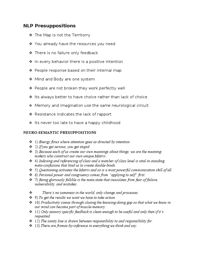 NLP Presuppositions | PDF NLP Presuppositions | PDF