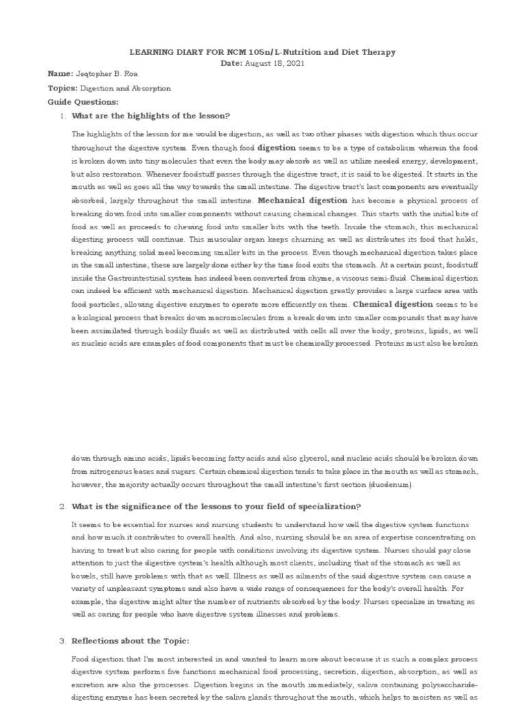 LEARNING DIARY FOR NCM 105n/L-Nutrition and Diet Therapy Date: Name ...