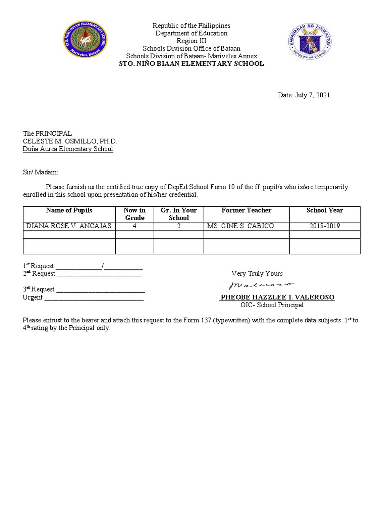 Request for DepEd School Form 10 | PDF