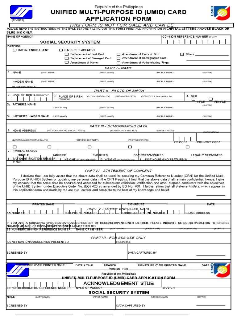 Unified Multi-Purpose Id (Umid) Card Application Form: Social Security ...