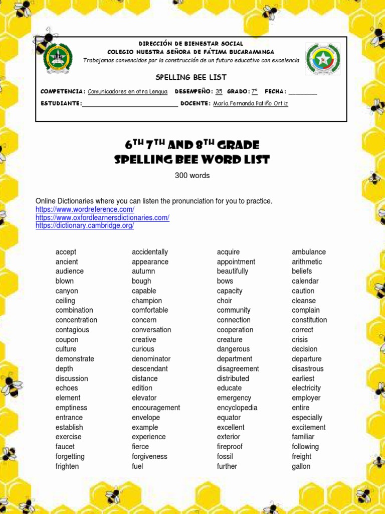 6 7 and 8 Grade Spelling Bee Word List: TH TH TH | PDF
