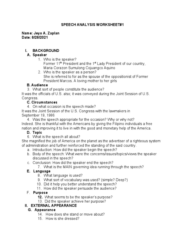 Speech Analysis Worksheet: Aquino's Address | PDF | Corazon Aquino | Speech