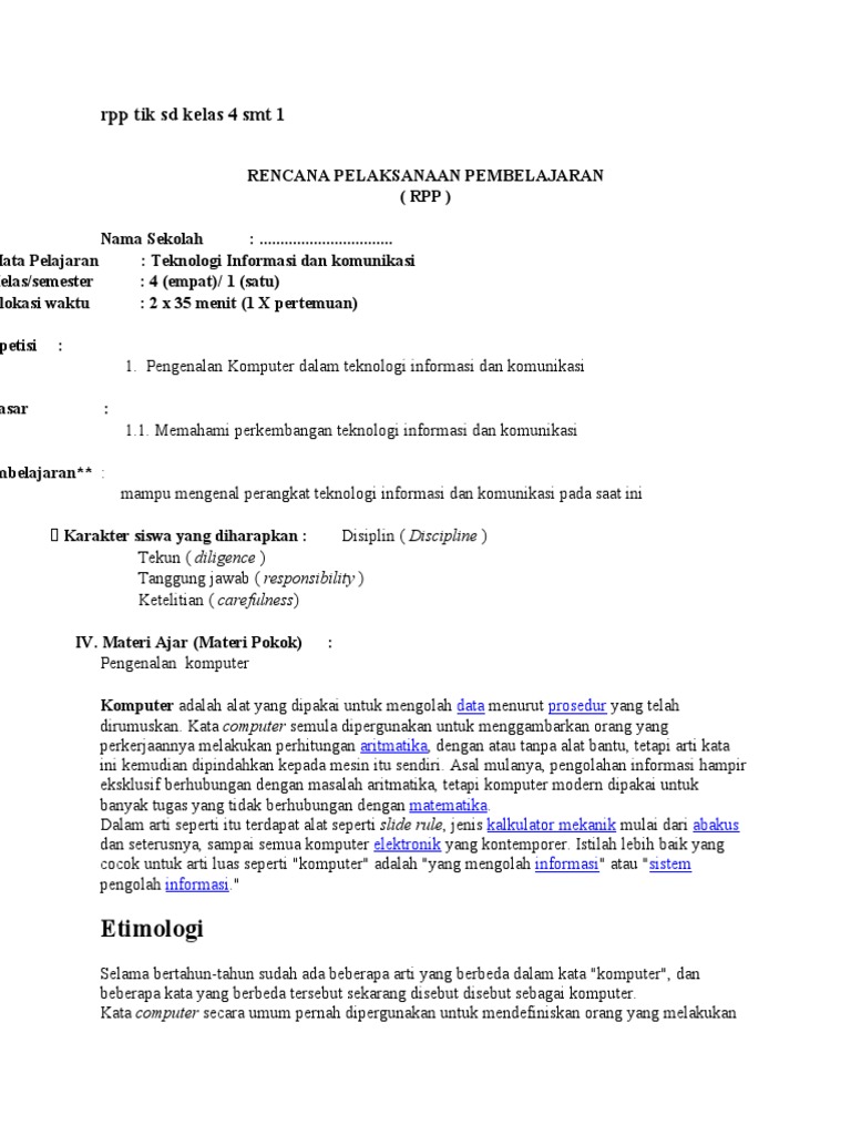 RPP Tik SD Kelas 4 SMT 1 | PDF | Teknologi & Rekayasa