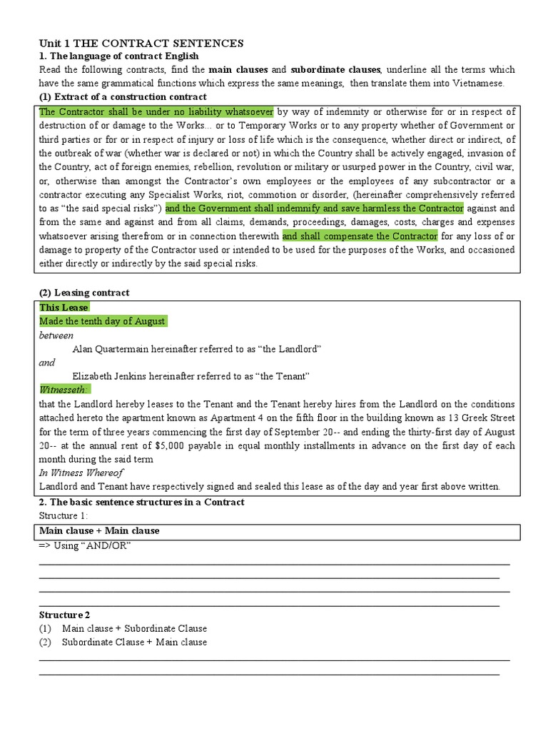 Unit 1 The Contract Sentences: Between and | Download Free PDF ...