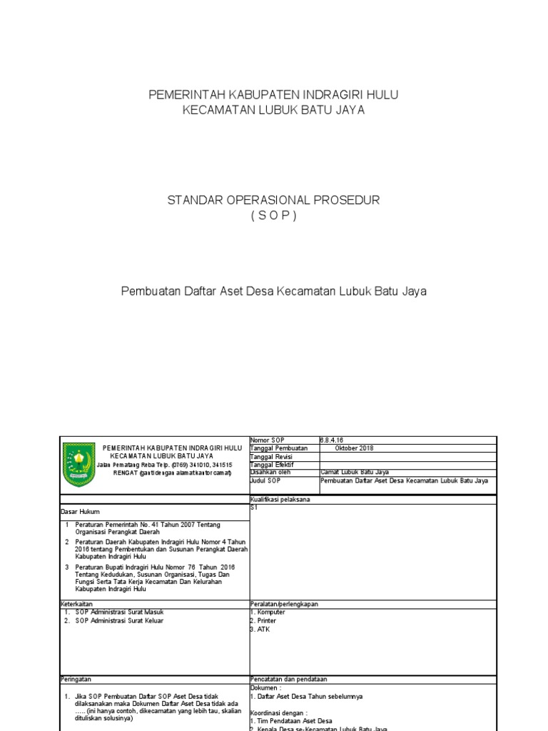 SOP Data Aset Desa Kec. Lubuk Batu Jaya | PDF
