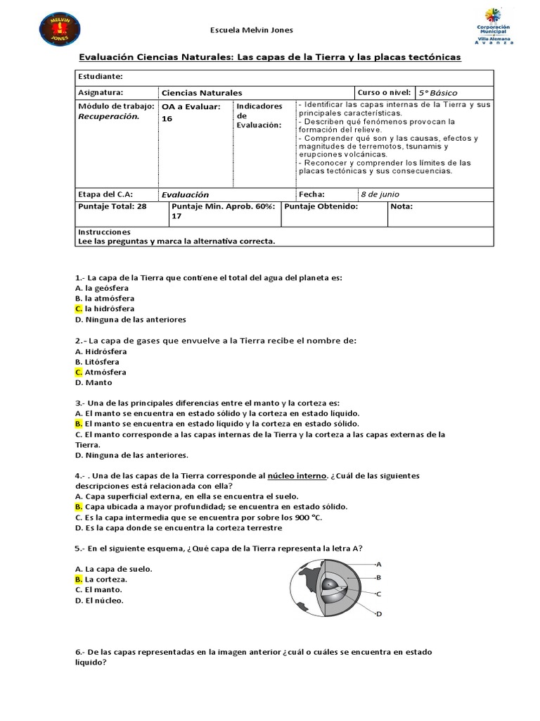 Evaluación Ciencias Naturales Ciclo 3 - 5to | PDF | Tierra | Placas ...