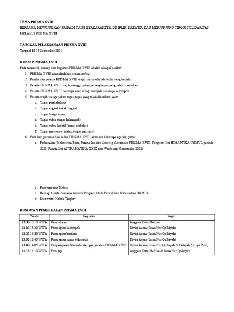 Tema, Tanggal Pelaksanaan, Konsep, Rundown, Tata Tertib Dan ...