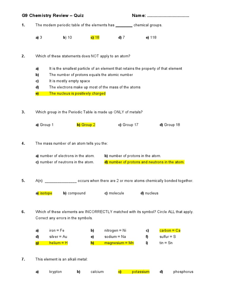 2.02 Chemistry Intro Quiz (G9 Review) 2020-2021 | PDF | Chemical ...