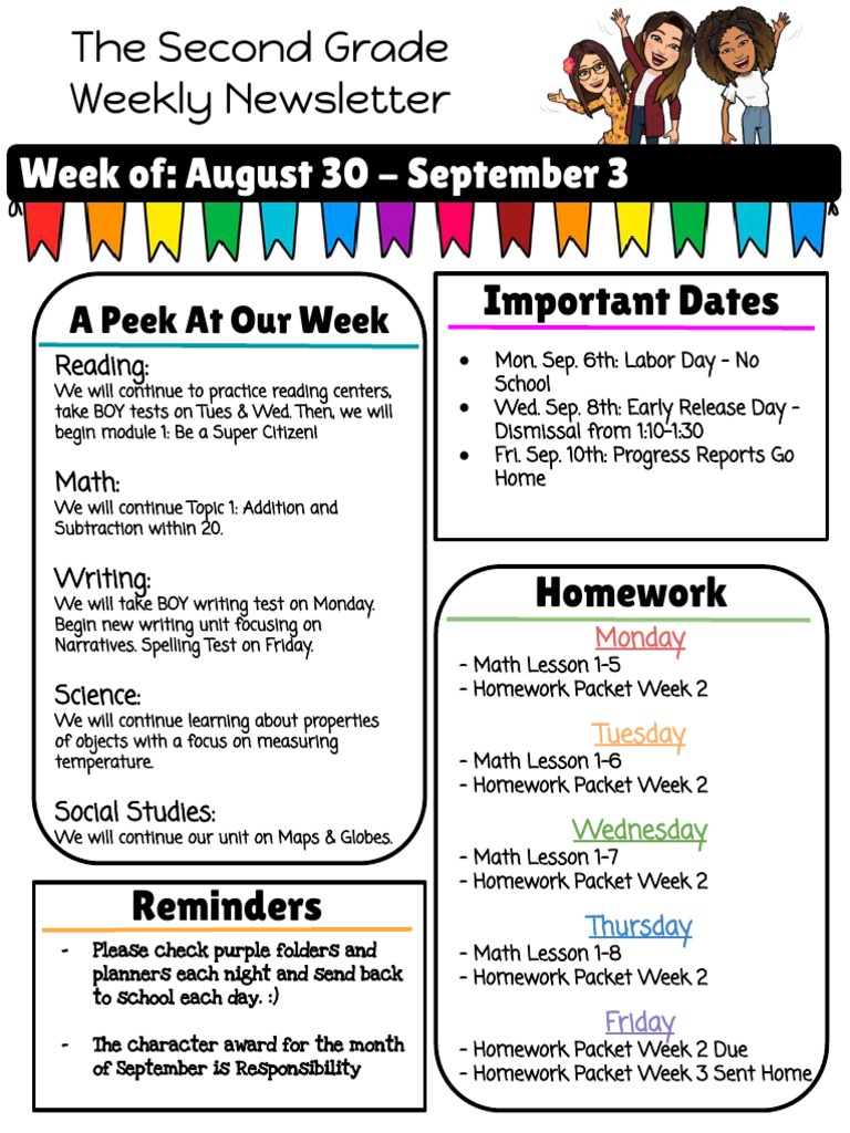 Second Grade Newsletter: Aug 30 - Sep 3 | PDF