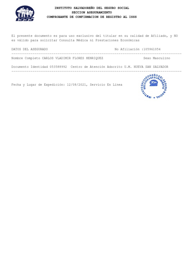 Comprobante de Afiliacion ISSS | PDF