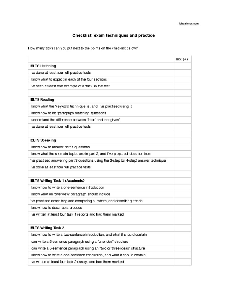 Checklist: Exam Techniques and Practice: IELTS Listening | PDF