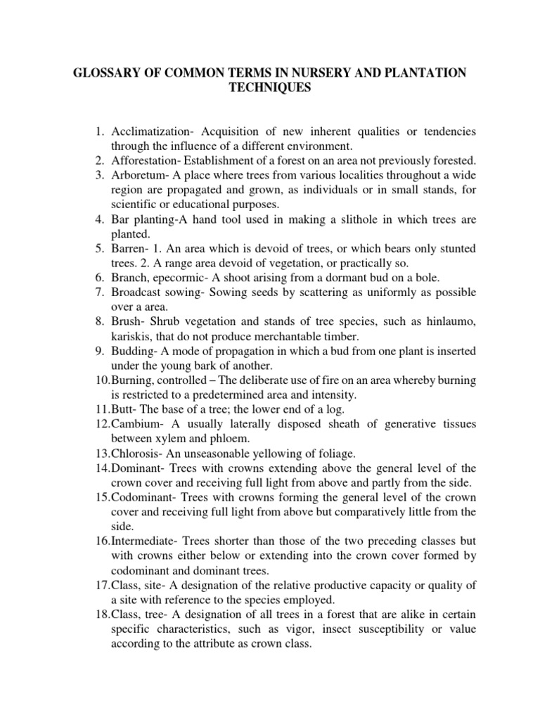 Nursery and Plantation Terms Glossary | PDF | Seed | Trees