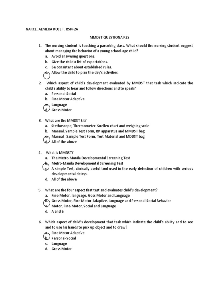 MMDST Multiple Choice Questionaires 2 | PDF | Screening (Medicine ...