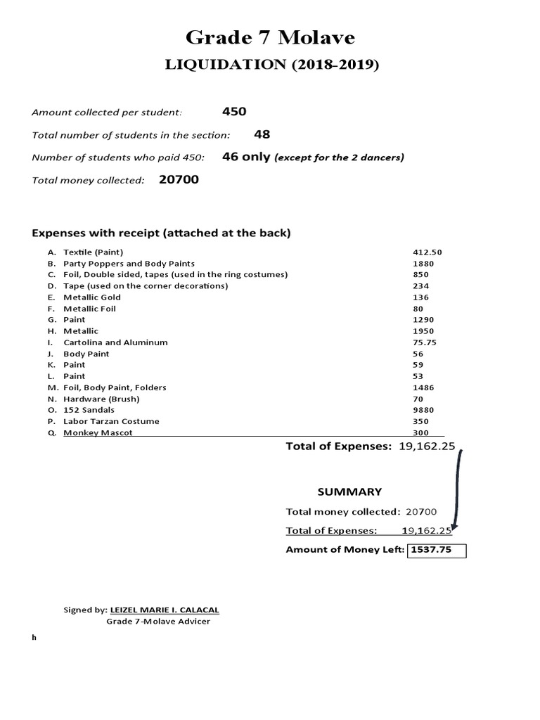 Grade 7 Molave: LIQUIDATION (2018-2019) | PDF
