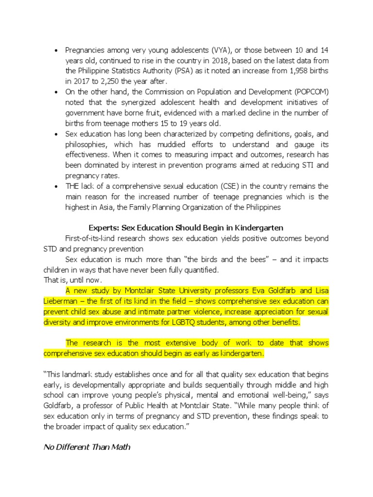 Experts Sex Education Should Begin In Kindergarten Pdf Sex