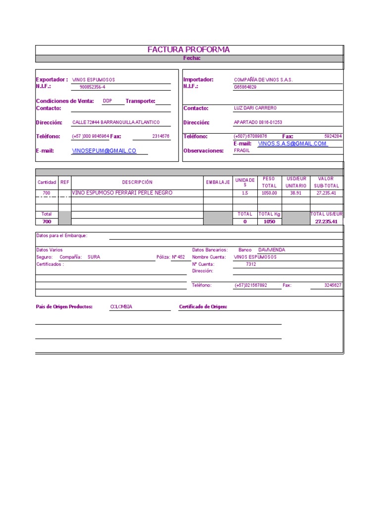 Factura proforma vinos espumosos exportación Colombia | PDF