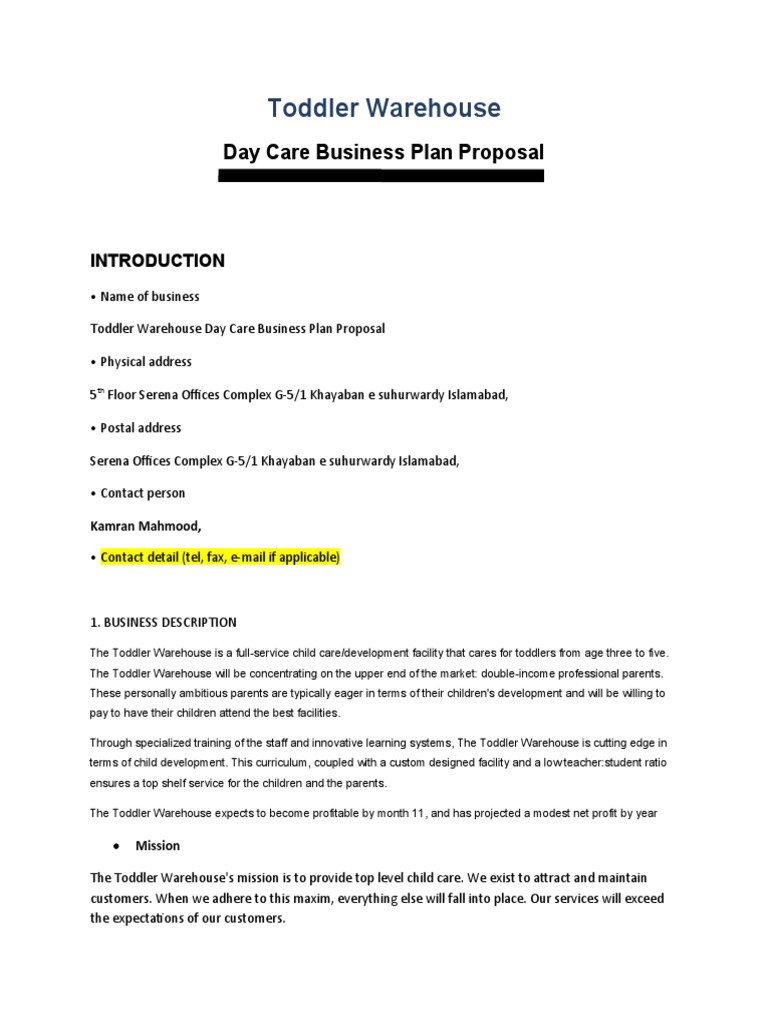 Toddler Warehouse Proposal Submission | PDF | Child Care | Relationships