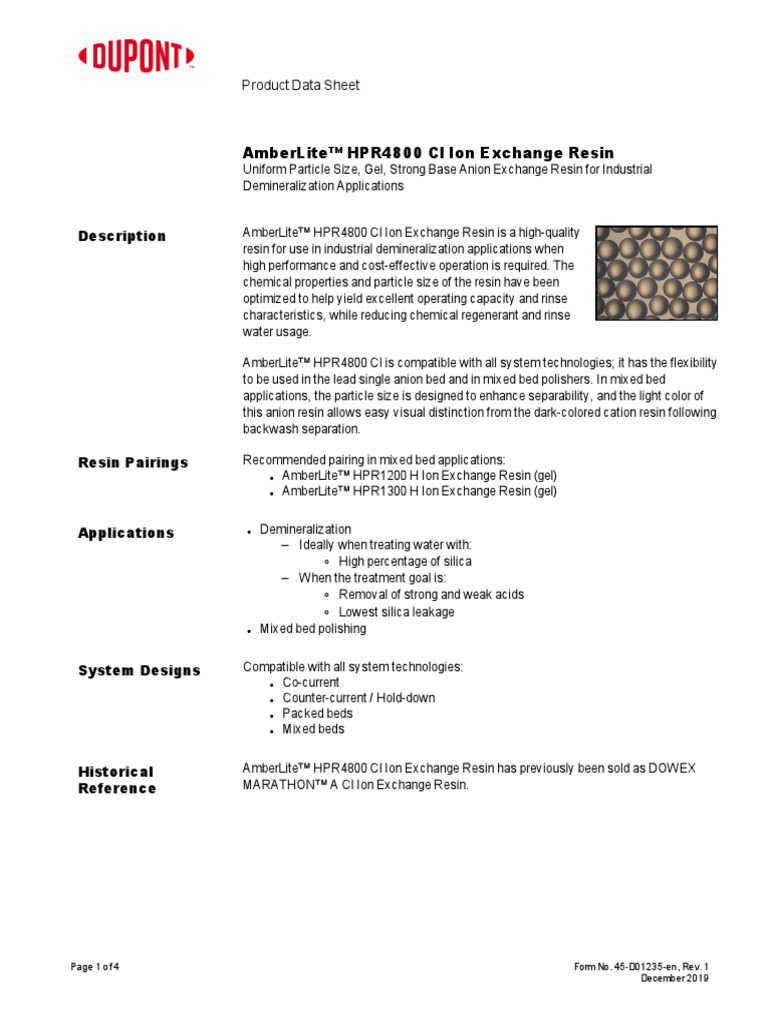 Amberlite™ Hpr4800 CL Ion Exchange Resin: Product Data Sheet | PDF ...