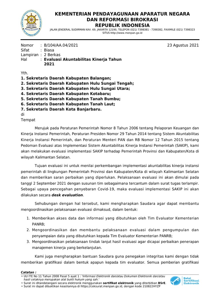 Surat Desk SAKIP Kalsel | PDF