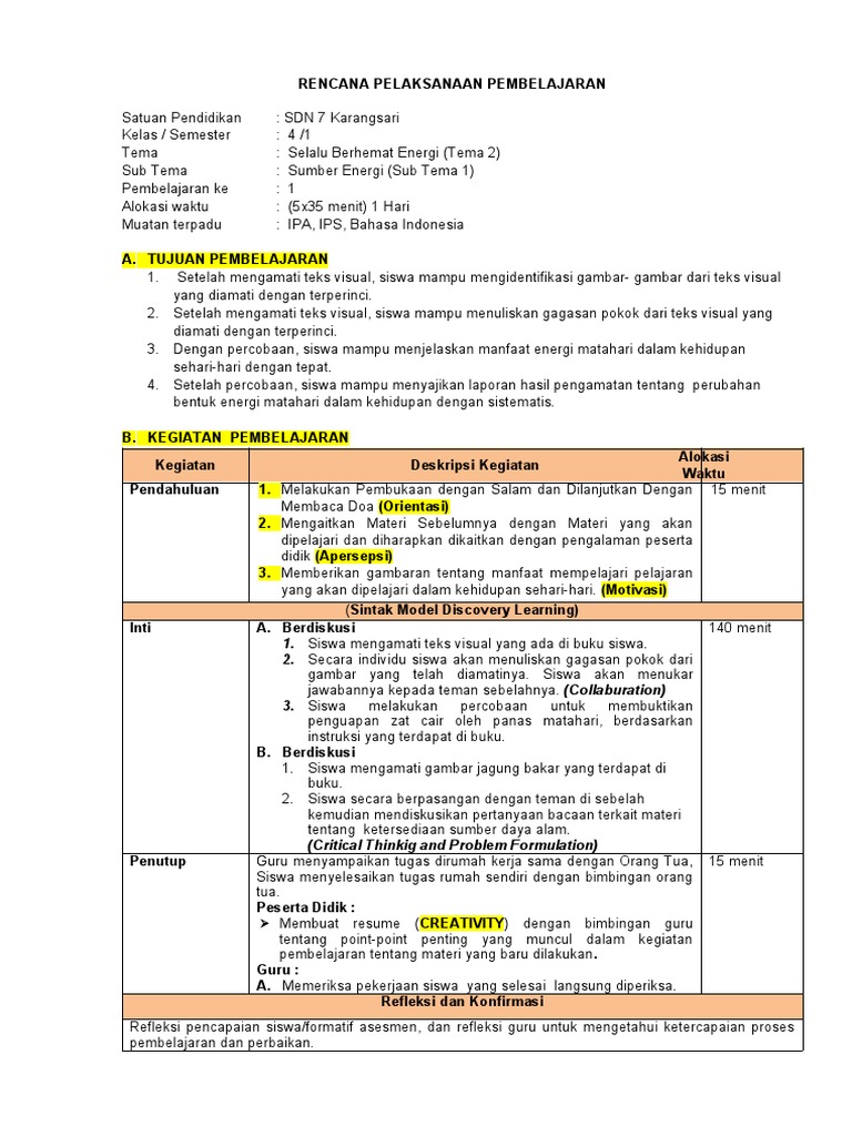 RPP Kelas 4 Sub Tema 2 | PDF