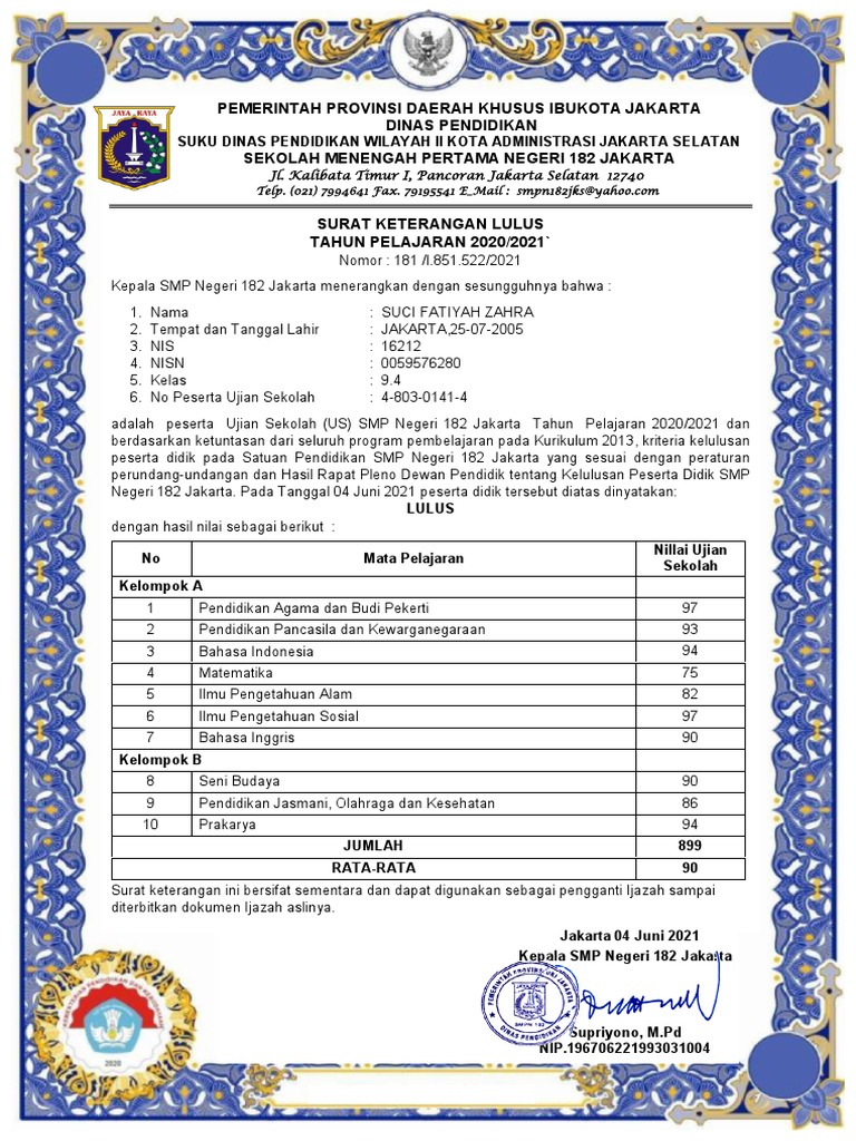Surat Keterangan Lulus Suci Fatiyah | PDF