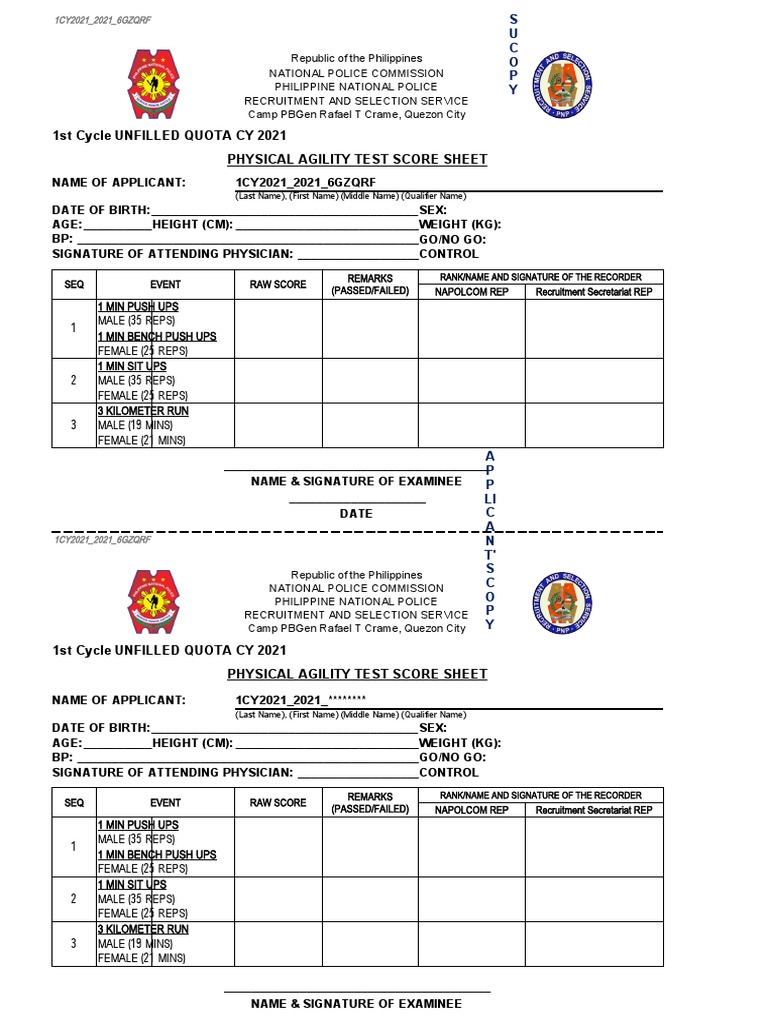 1st Cycle UNFILLED QUOTA CY 2021 Physical Agility Test Score Sheet | PDF