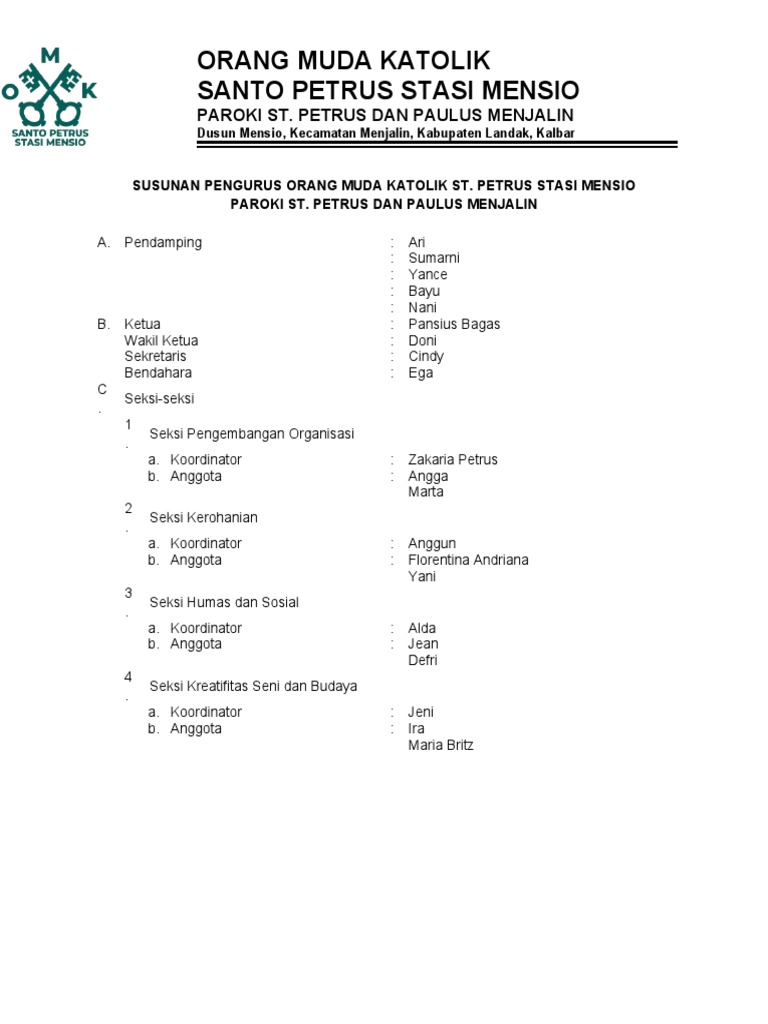 Susunan Pengurus OMK Stasi Mensio | PDF