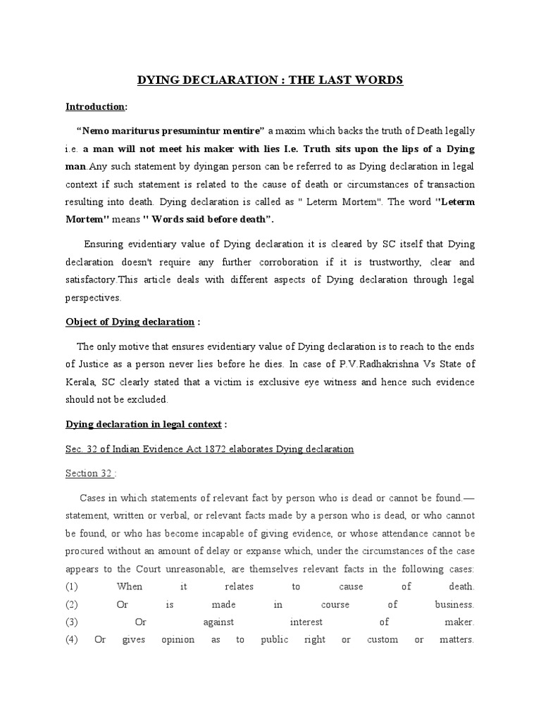 Dying Declaration - The Last Words | PDF | Evidence (Law) | Evidence